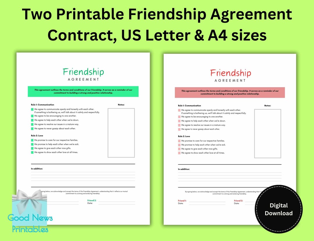 Two Printable Friendship Agreement Contracts, US Letter, A4 Sizes ...