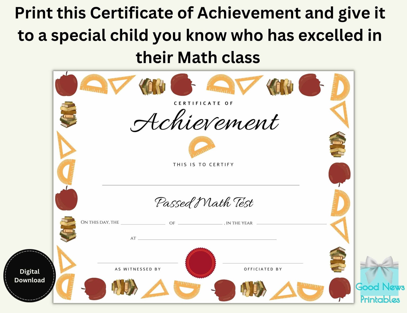 Printable Certificate of Math Achievement, US Letter Size - Etsy