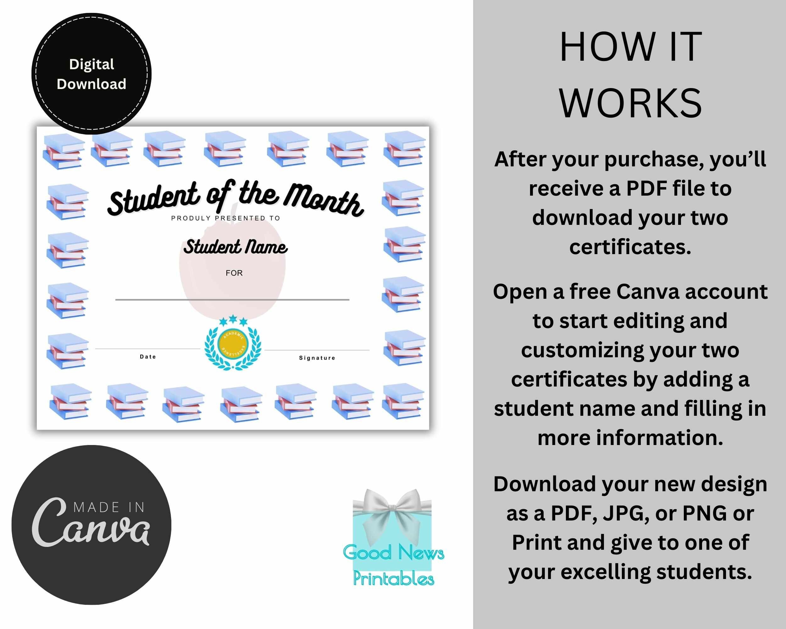 Editable Printable Student of the Month Certificate Templates, US ...