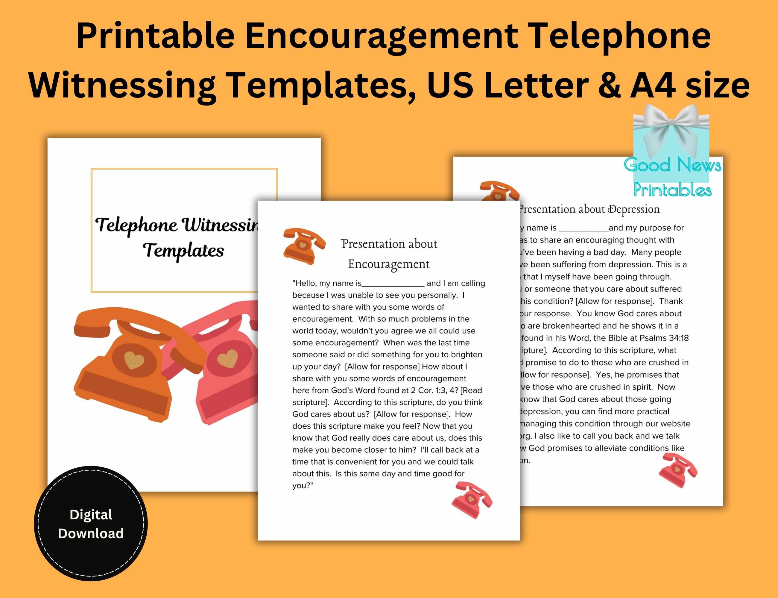 Printable Encouragement Telephone Witnessing Templates, US Letter & A4 ...
