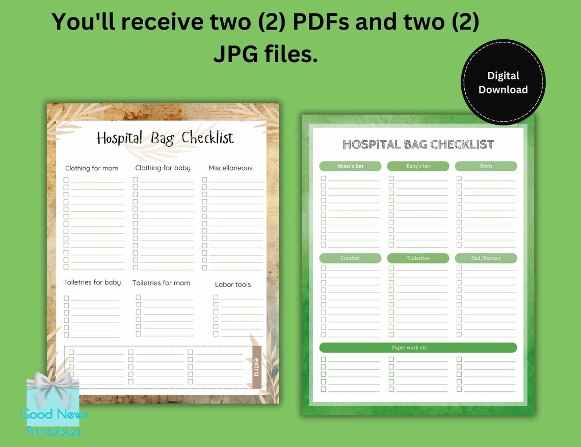 Editable Printable Hospital Bag Checklist Sheets, US Letter & A4 Size ...