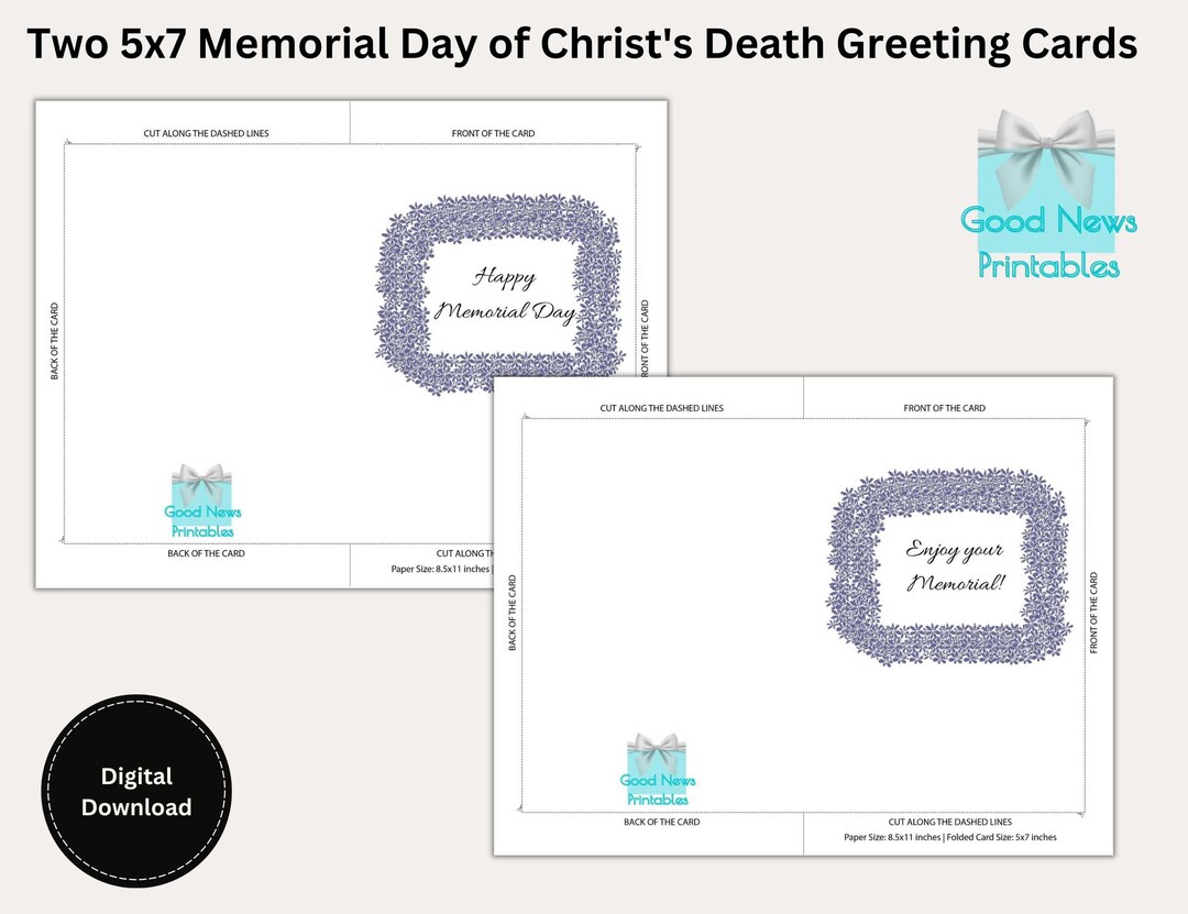 Two 5x7 Printable Memorial Day of Christ's Death Greeting Cards, US ...