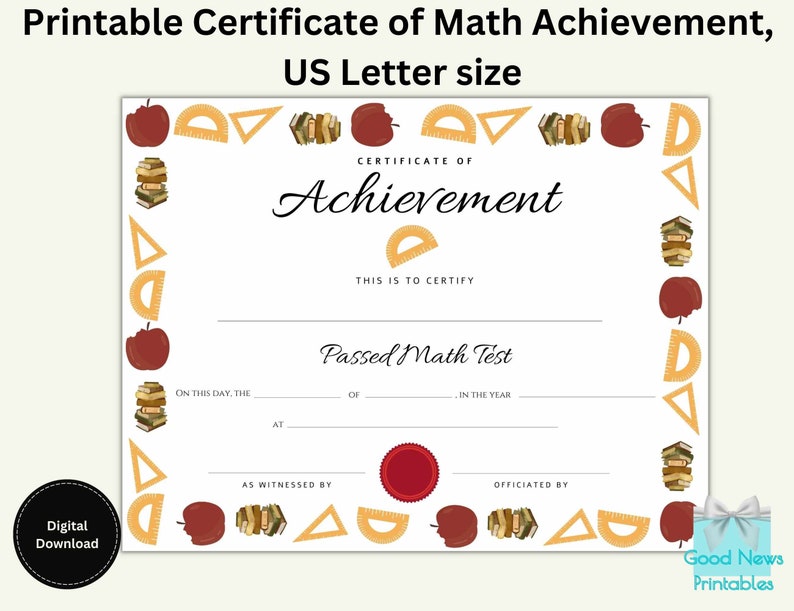 Printable Certificate of Math Achievement, US Letter Size - Etsy