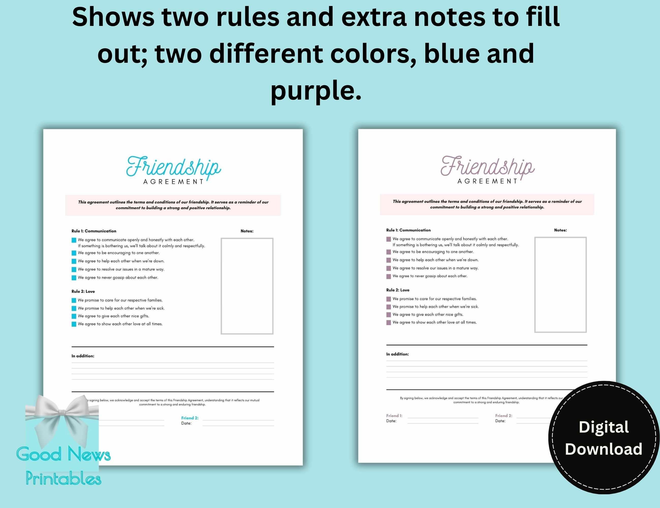Two Printable Friendship Agreement Contract, US Letter & A4 Sizes - Etsy