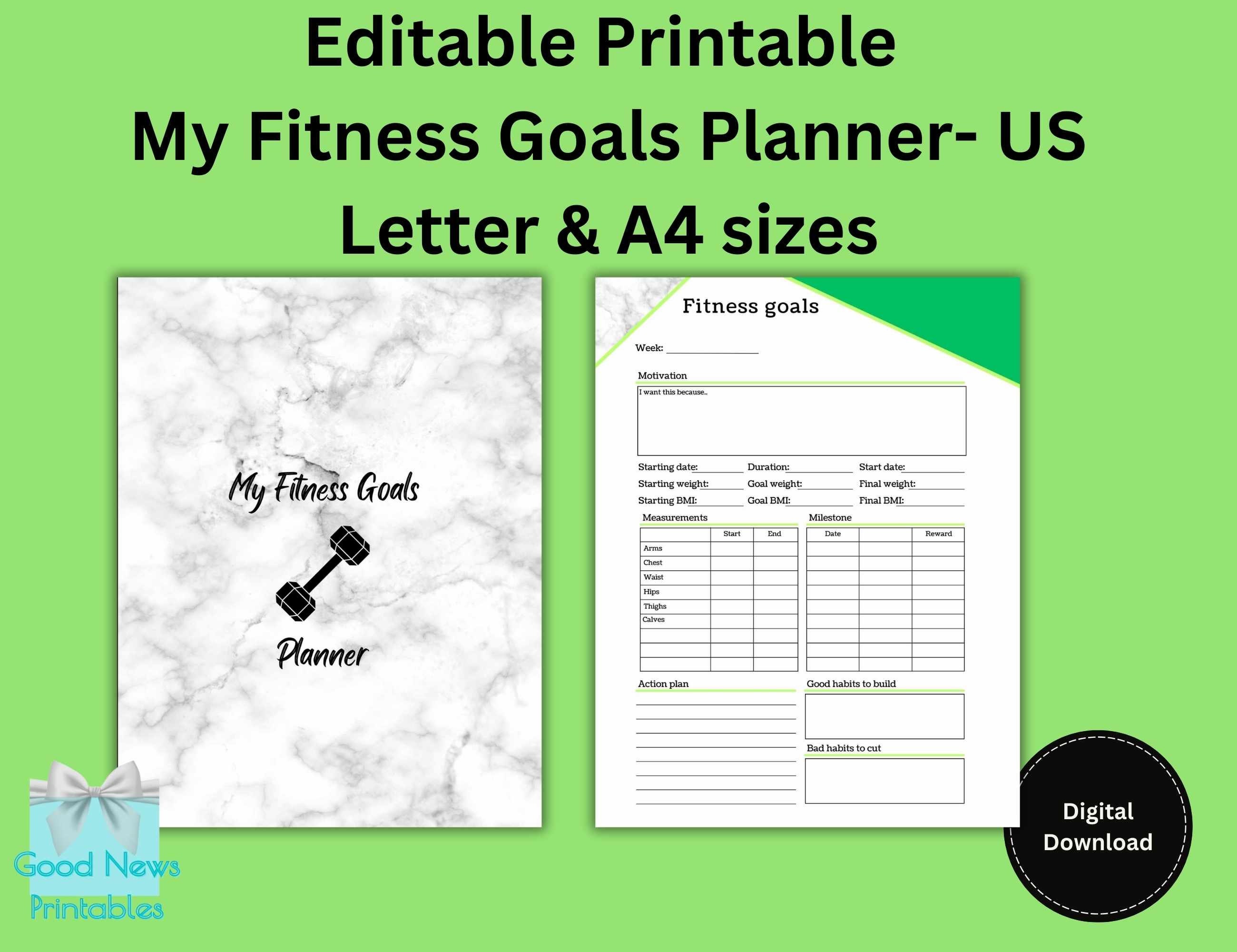 Editable Printable My Fitness Goals Planner, US Letter & A4 Sizes - Etsy