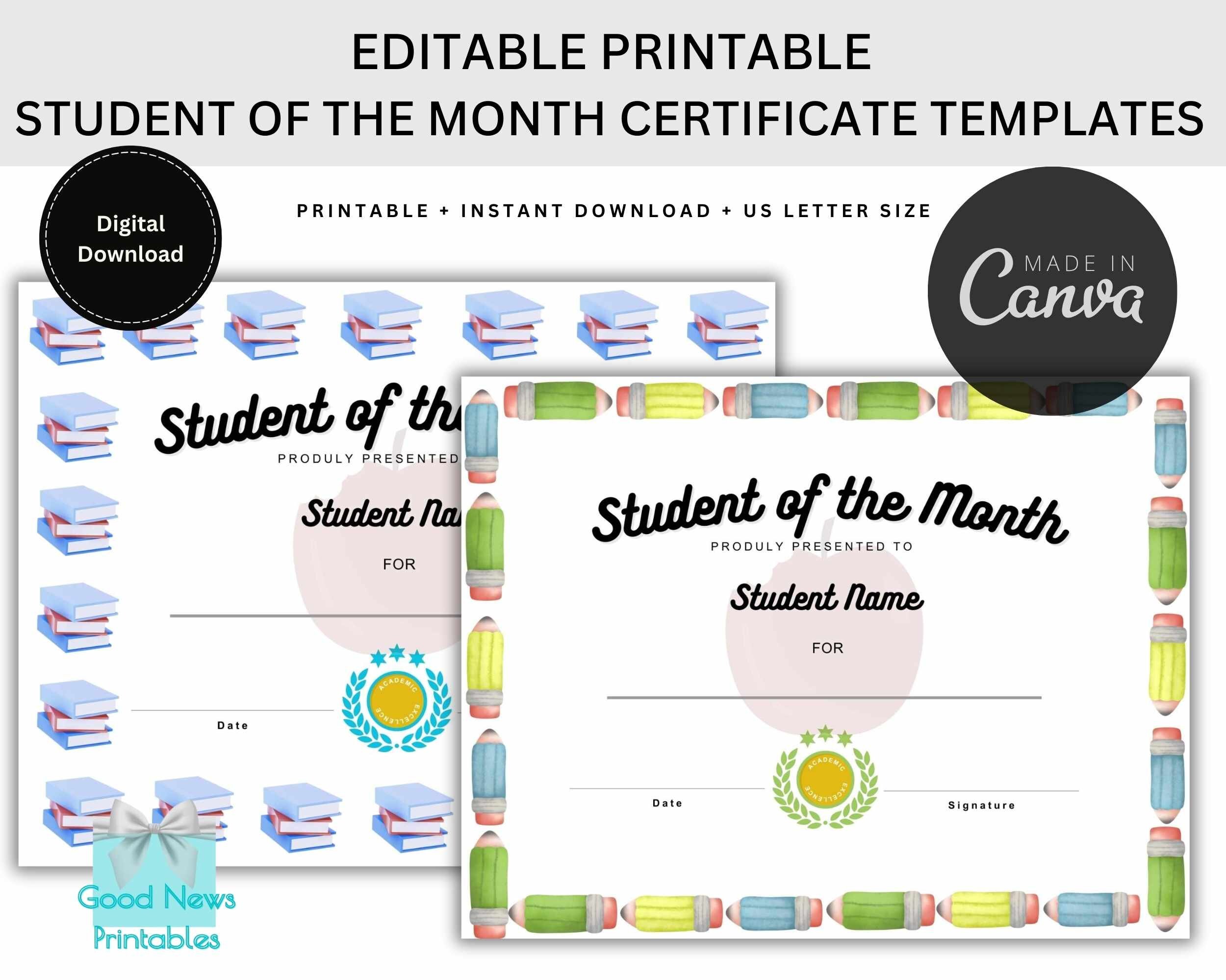 Editable Printable Student of the Month Certificate Templates, US ...