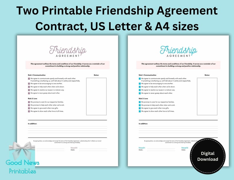 Two Printable Friendship Agreement Contract, US Letter & A4 Sizes - Etsy
