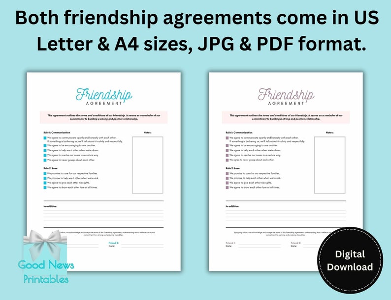 Two Printable Friendship Agreement Contract, US Letter & A4 Sizes - Etsy