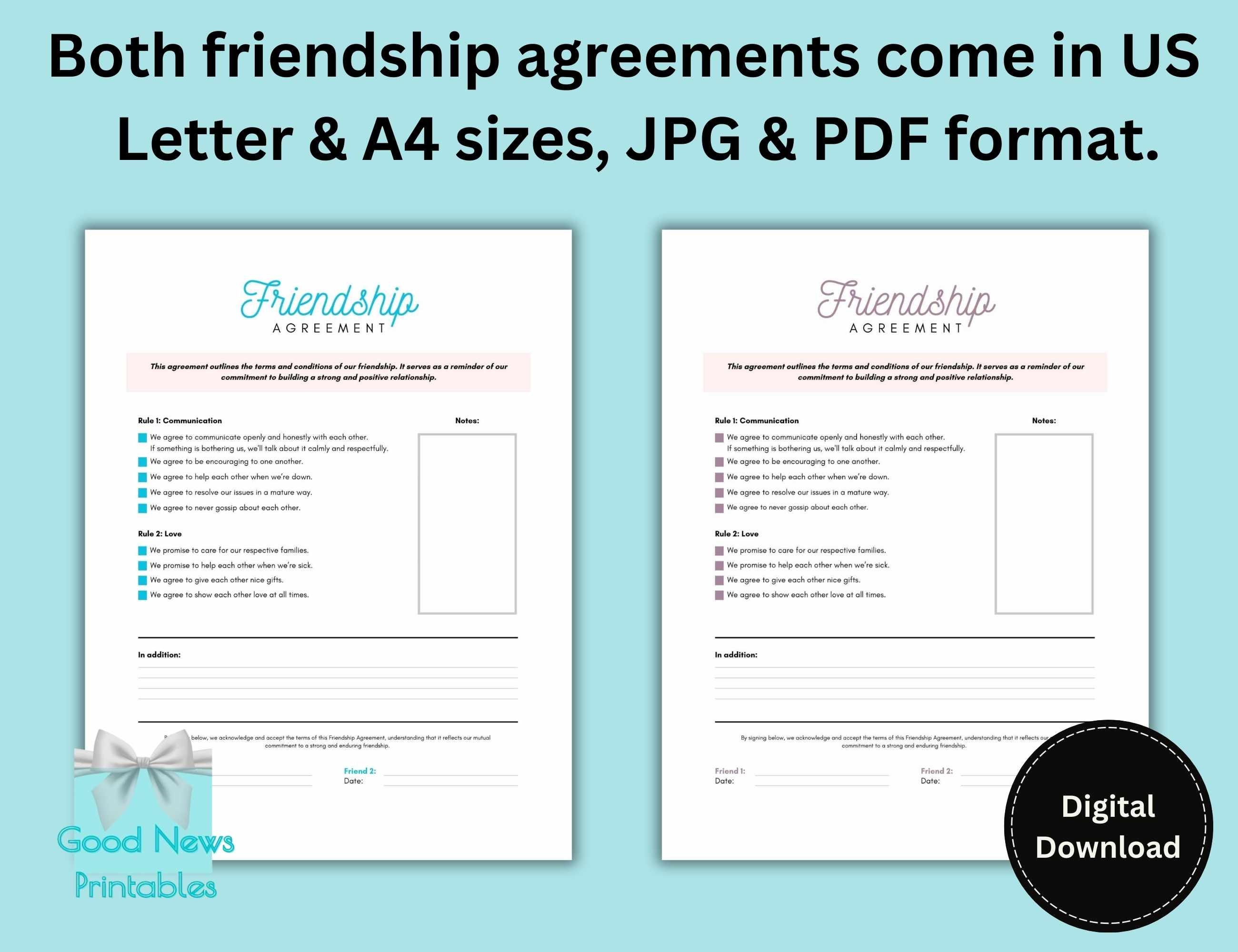 Two Printable Friendship Agreement Contract, US Letter & A4 Sizes - Etsy