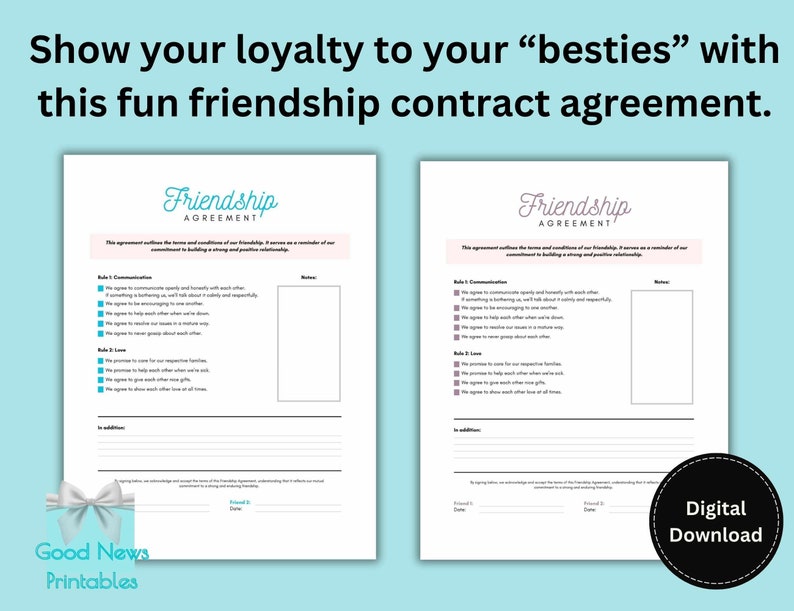 Two Printable Friendship Agreement Contract, US Letter & A4 Sizes - Etsy