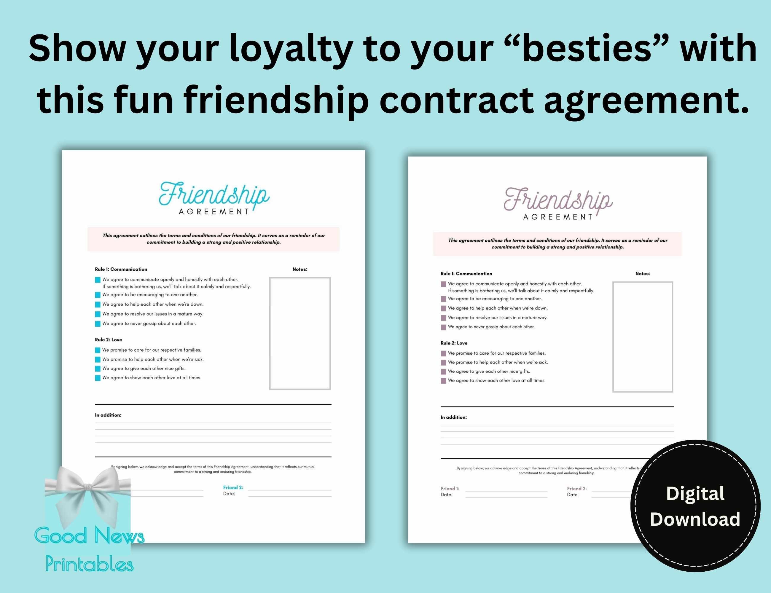 Two Printable Friendship Agreement Contract, US Letter & A4 Sizes - Etsy