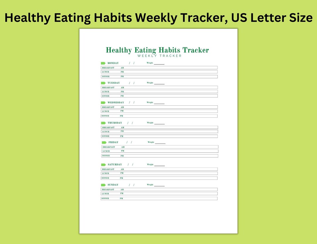 Healthy Eating Habits Weekly Tracker, US Letter Size, Editable ...