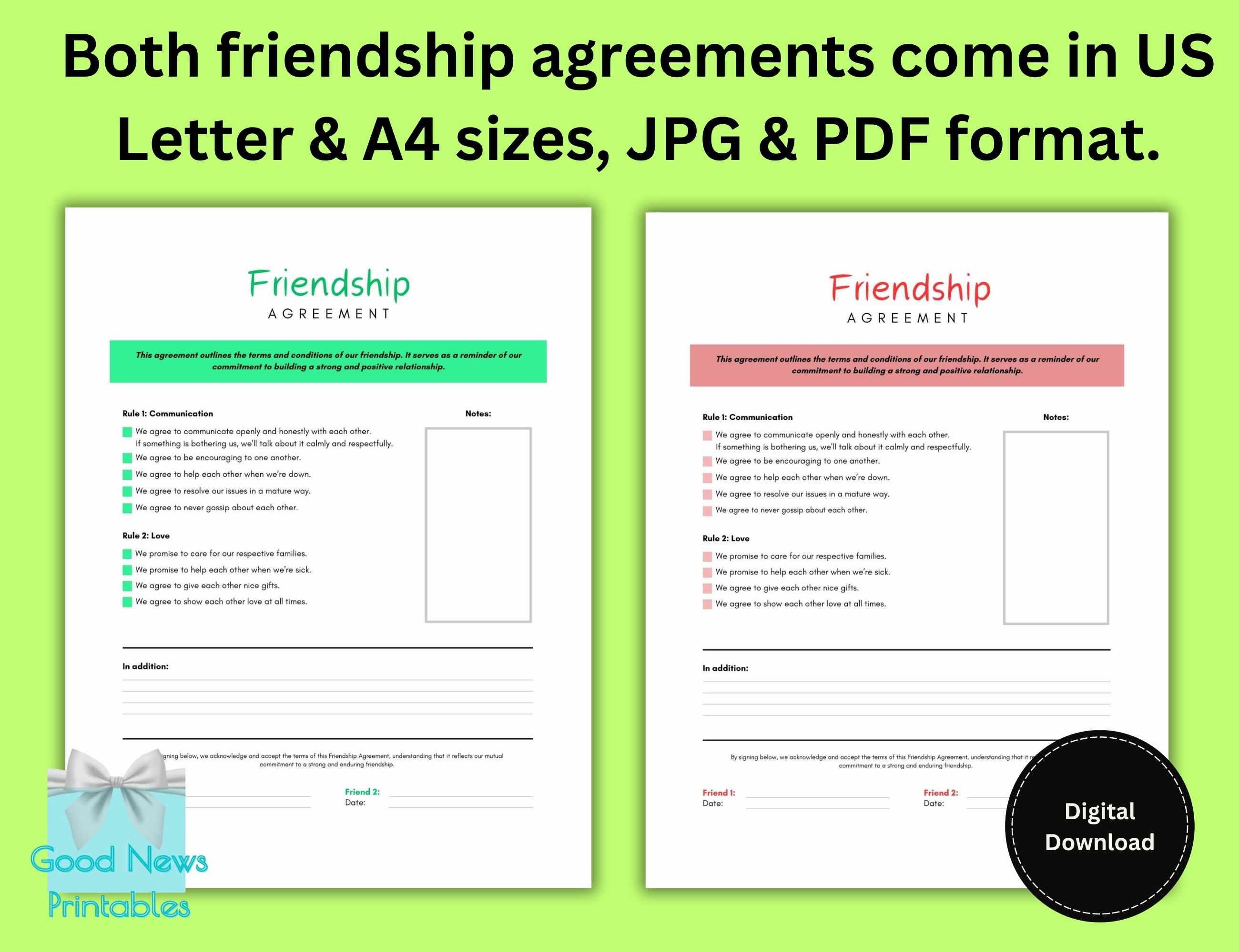 Two Printable Friendship Agreement Contracts, US Letter, A4 Sizes ...