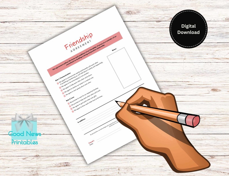 Two Printable Friendship Agreement Contracts, US Letter, A4 Sizes ...