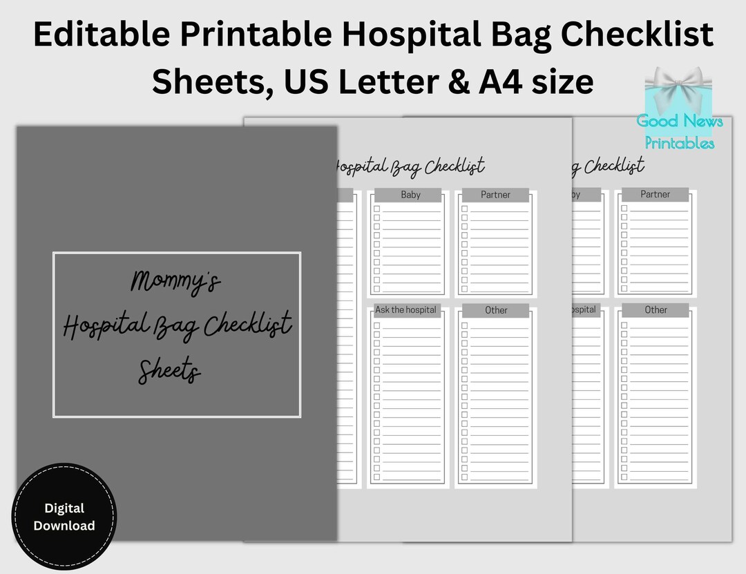 Editable Printable Hospital Bag Checklist Sheets, US Letter & A4 Size ...