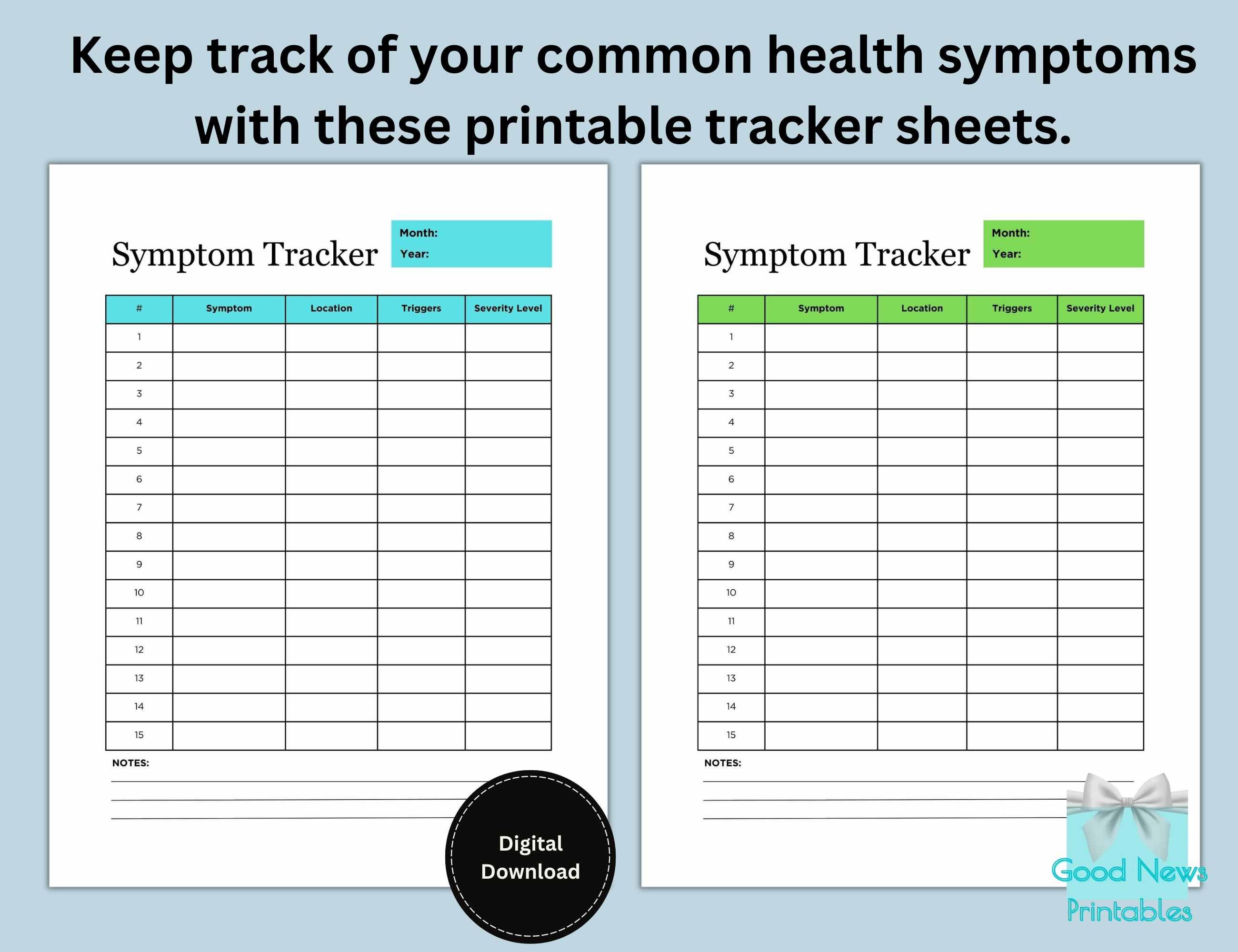 Two Printable Symptom Tracker Sheets, Medical Symptoms List, US Letter ...