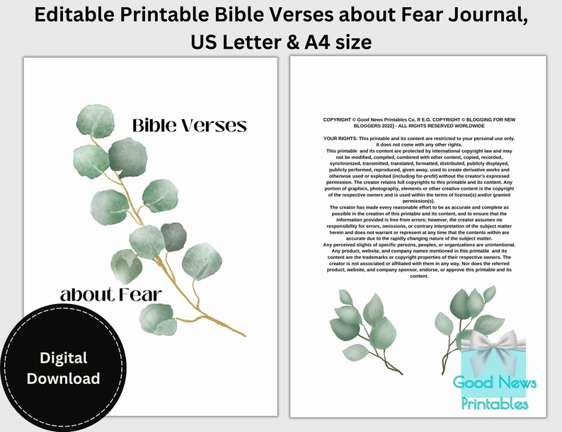 Editable Printable Bible Verses About Fear Journal, US Letter & A4 Size ...