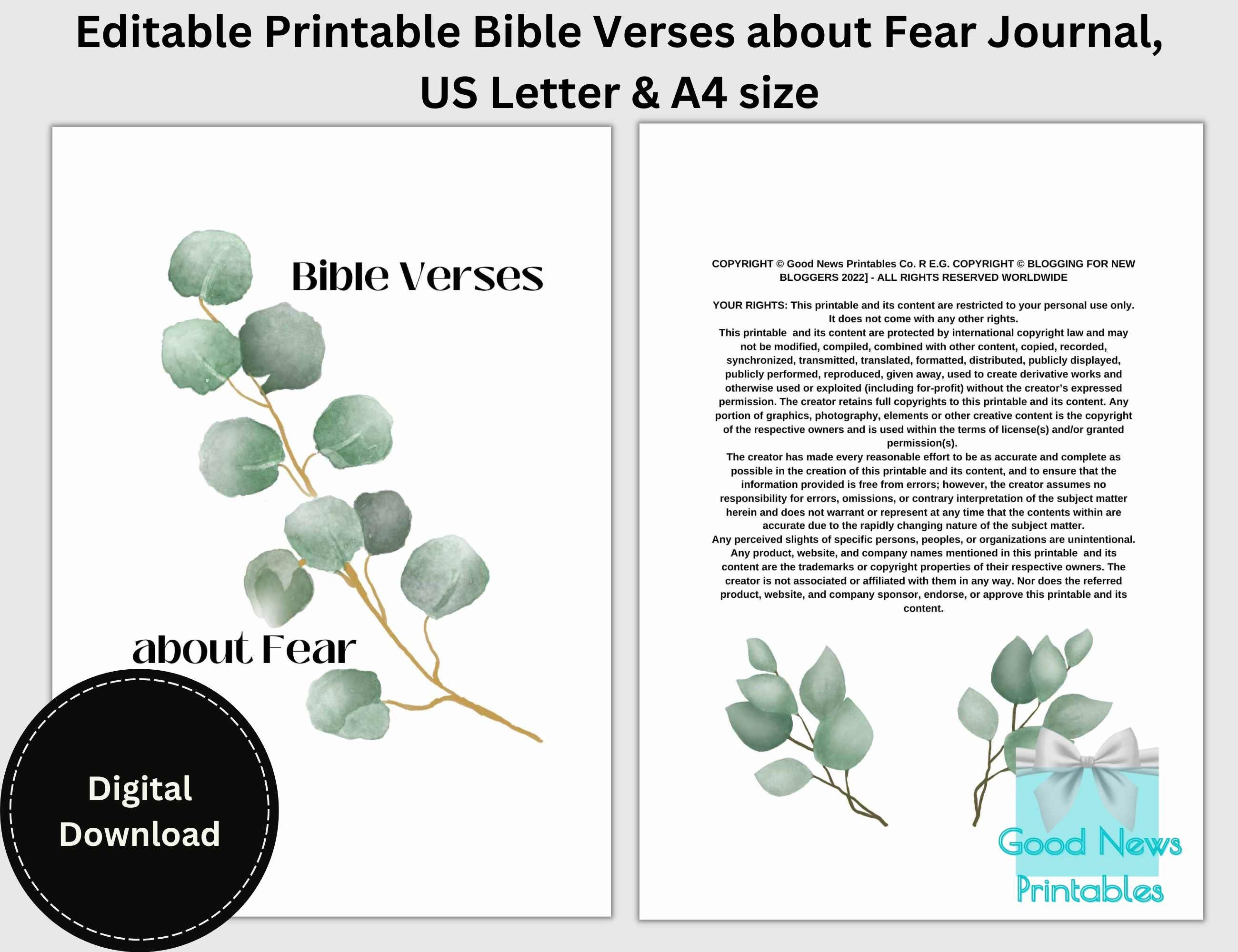 Editable Printable Bible Verses About Fear Journal, US Letter & A4 Size ...