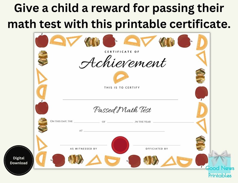 Printable Certificate of Math Achievement, US Letter Size - Etsy