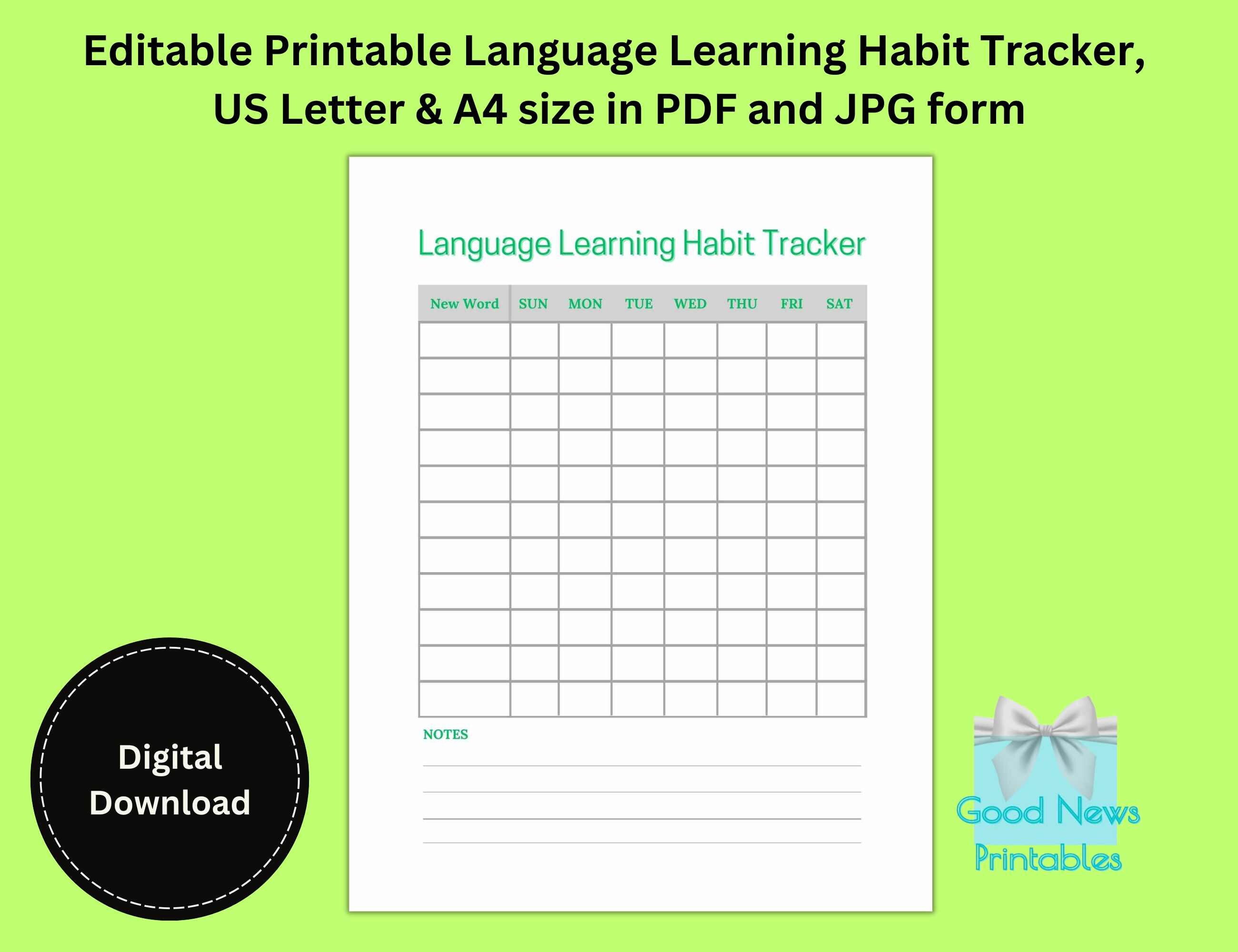 Editable Printable Language Learning Habit Tracker, US Letter & A4 Size ...