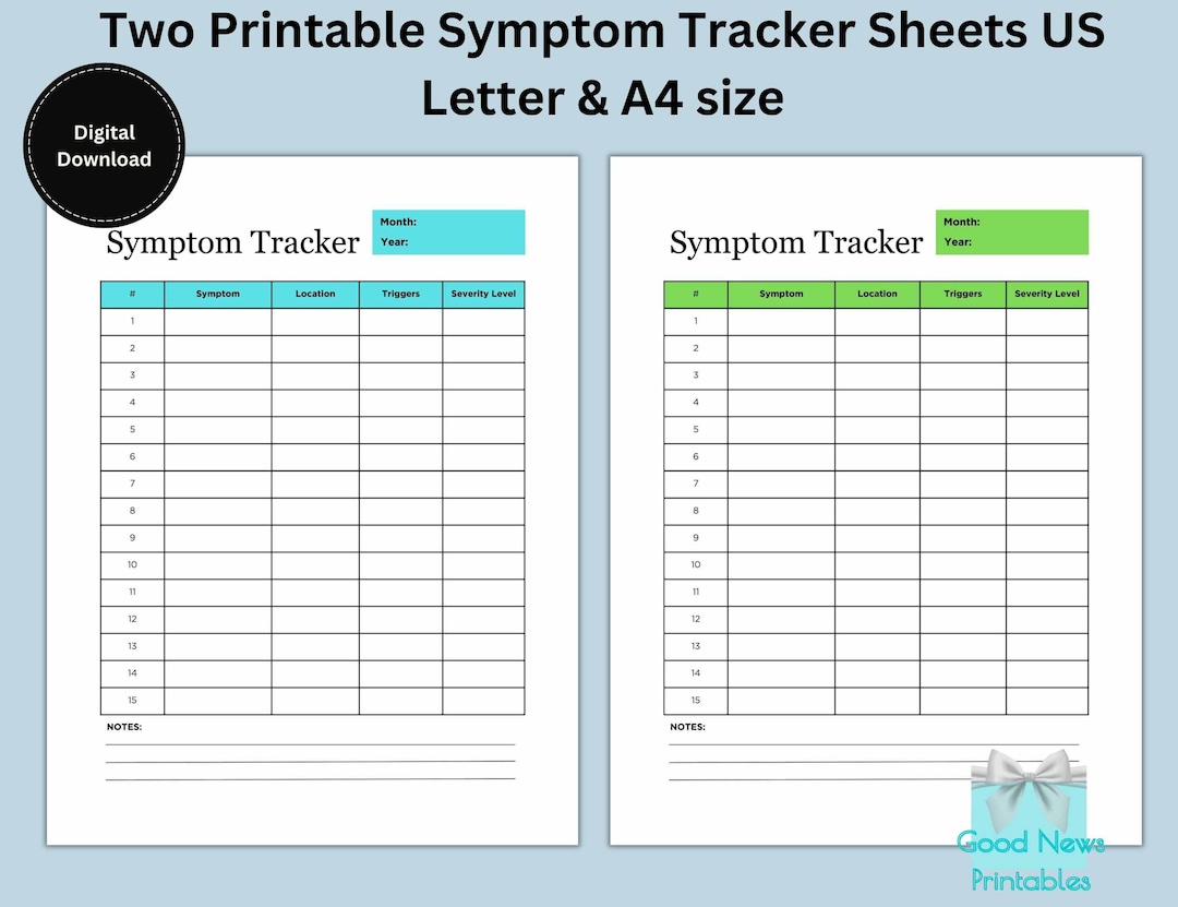 Two Printable Symptom Tracker Sheets, Medical Symptoms List, US Letter ...