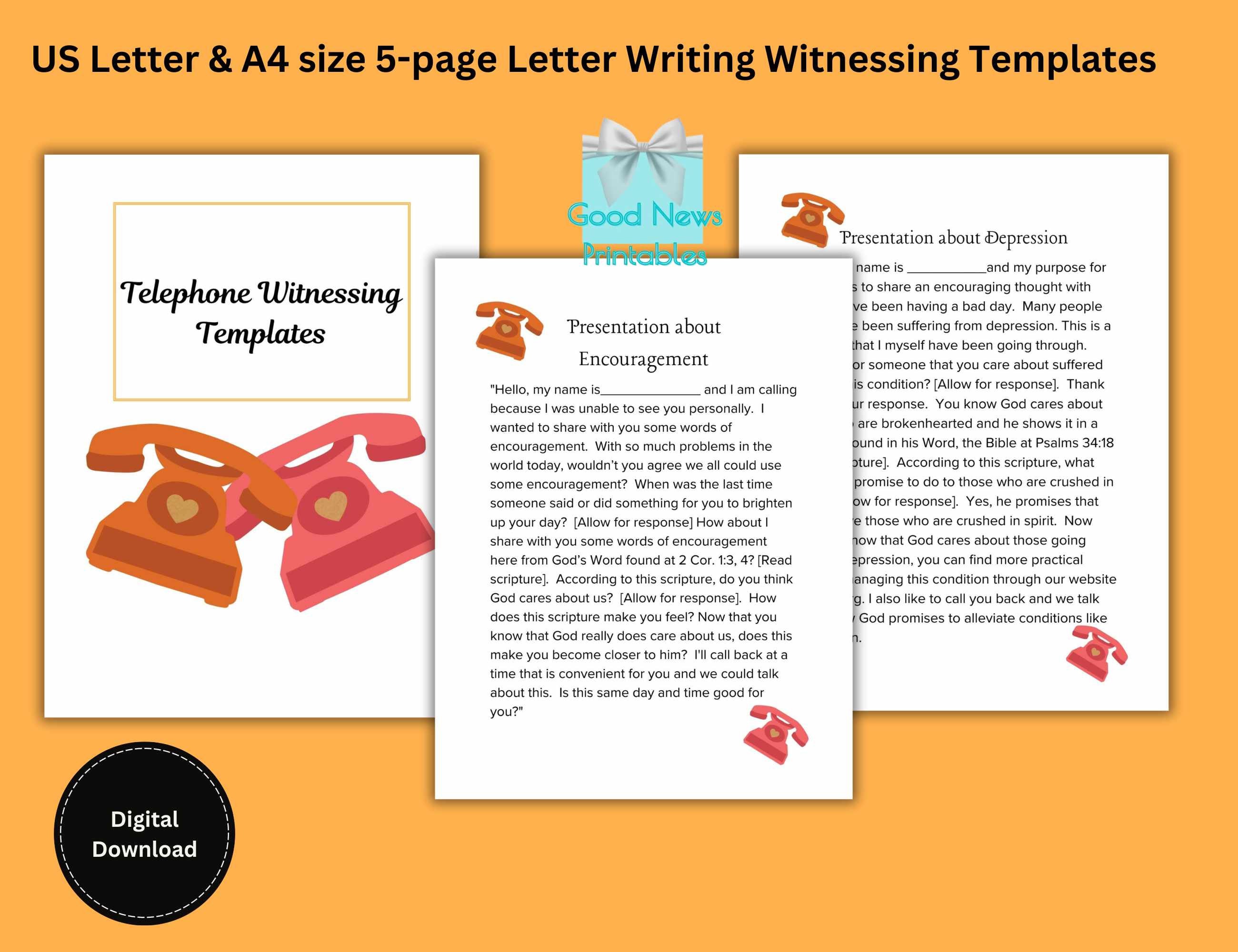 Printable Encouragement Telephone Witnessing Templates, US Letter & A4 ...
