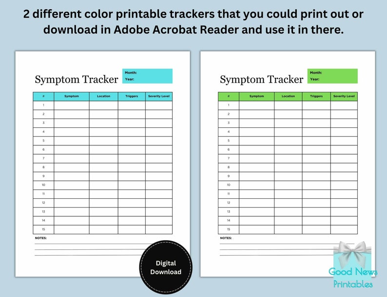 Two Printable Symptom Tracker Sheets, Medical Symptoms List, US Letter ...