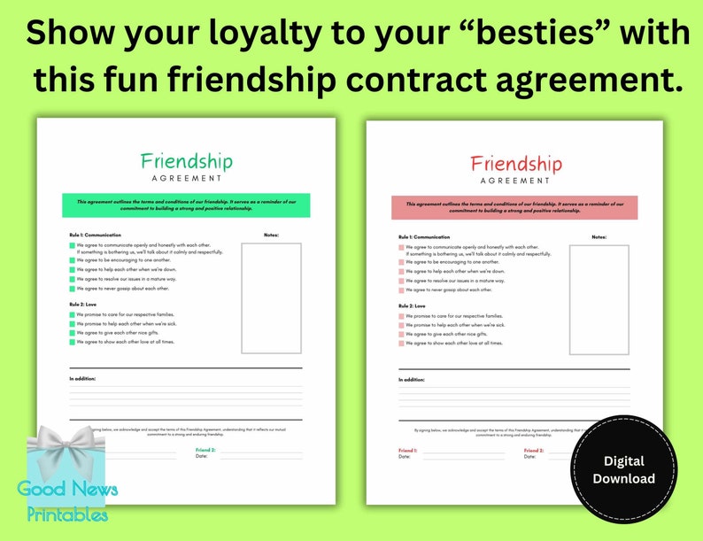 Two Printable Friendship Agreement Contracts, US Letter, A4 Sizes ...