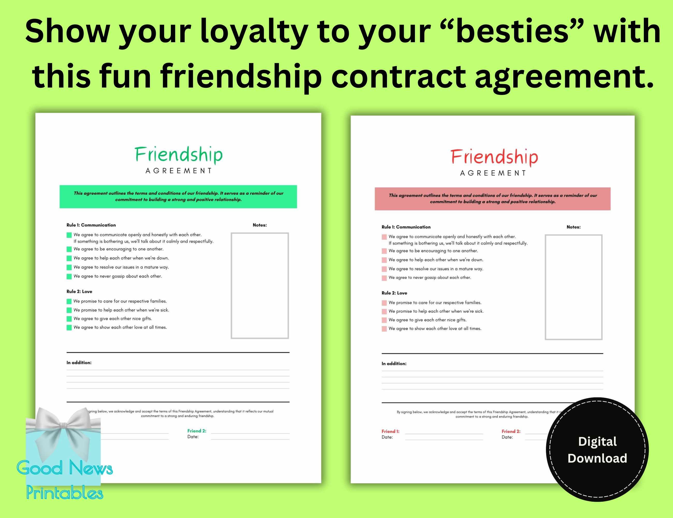 Two Printable Friendship Agreement Contracts, US Letter, A4 Sizes ...