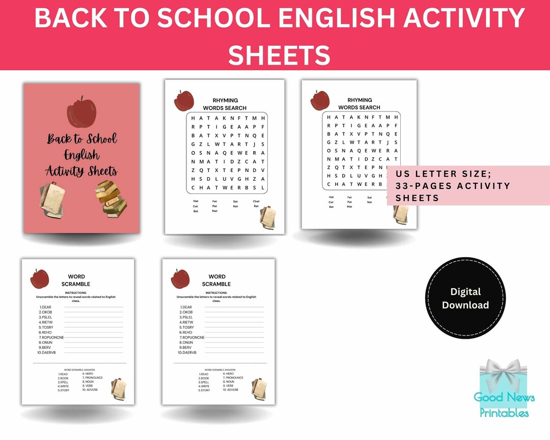 Back to School English Printable Activity Sheets, English Learning ...