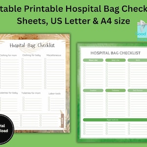 Editable Printable Hospital Bag Checklist Sheets, US Letter & A4 Size ...