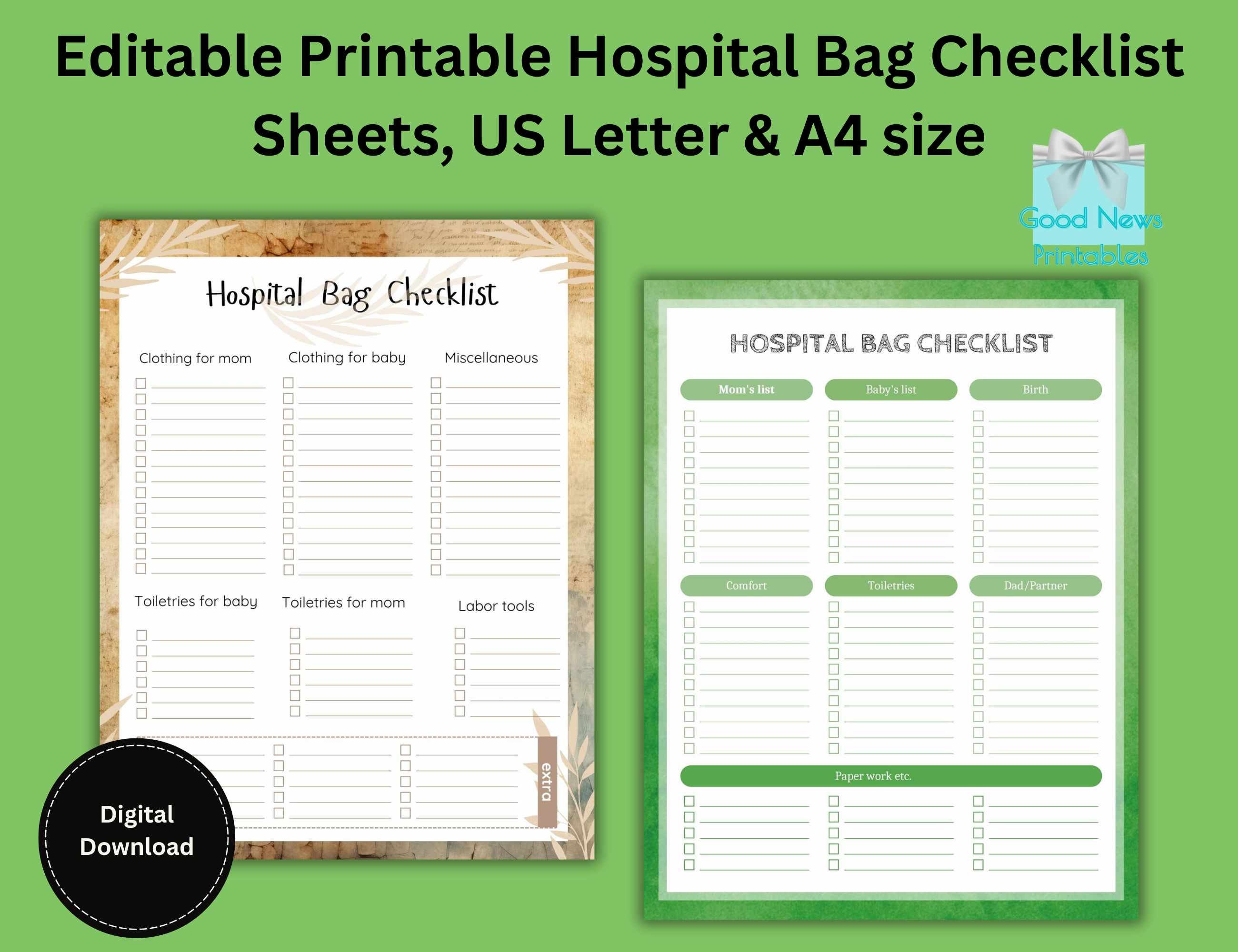 Editable Printable Hospital Bag Checklist Sheets, US Letter & A4 Size ...