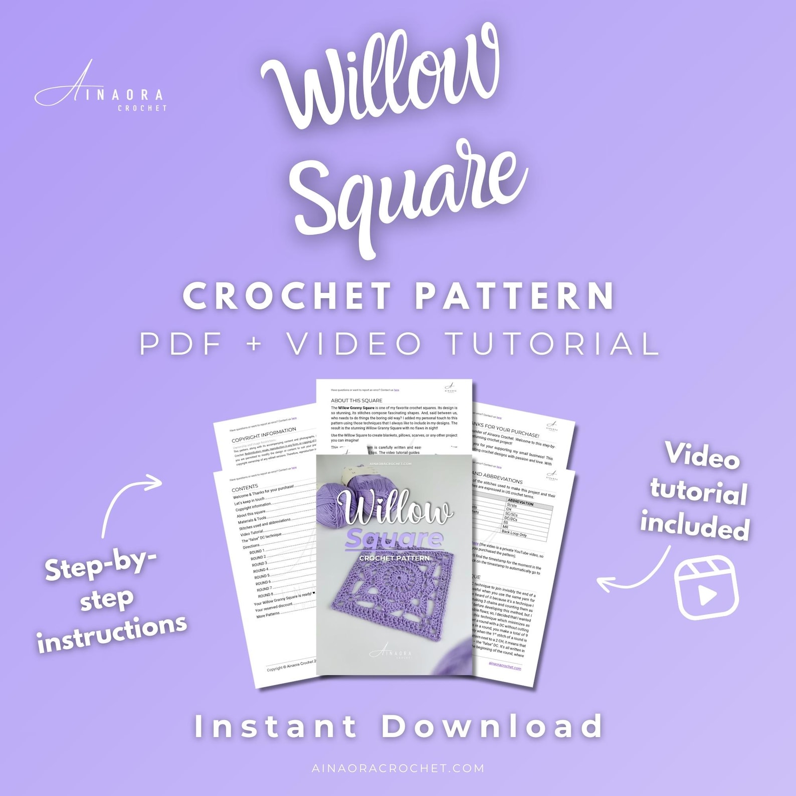 Willow Granny Square Crochet Pattern Video Tutorial Crochet Granny Square PDF Pattern Crochet ...