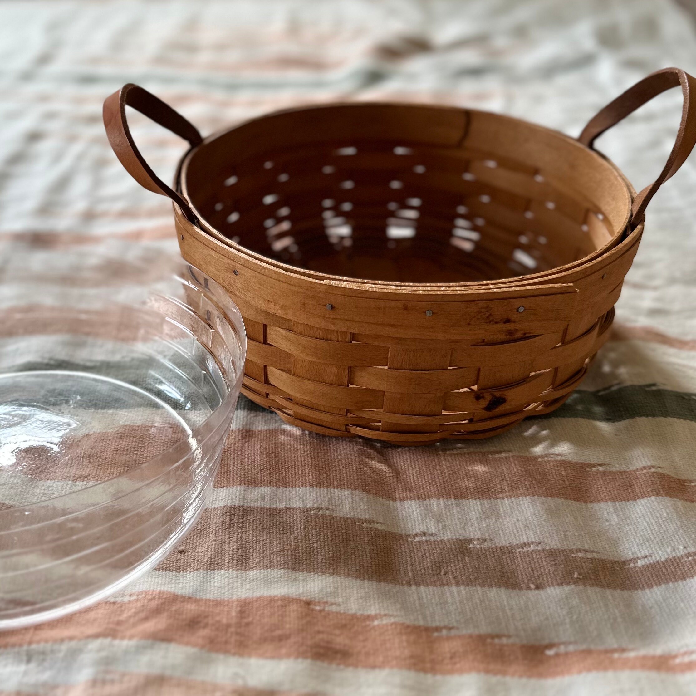 Longaberger 1995 Round Darning Basket With Leather Handles and Plastic ...