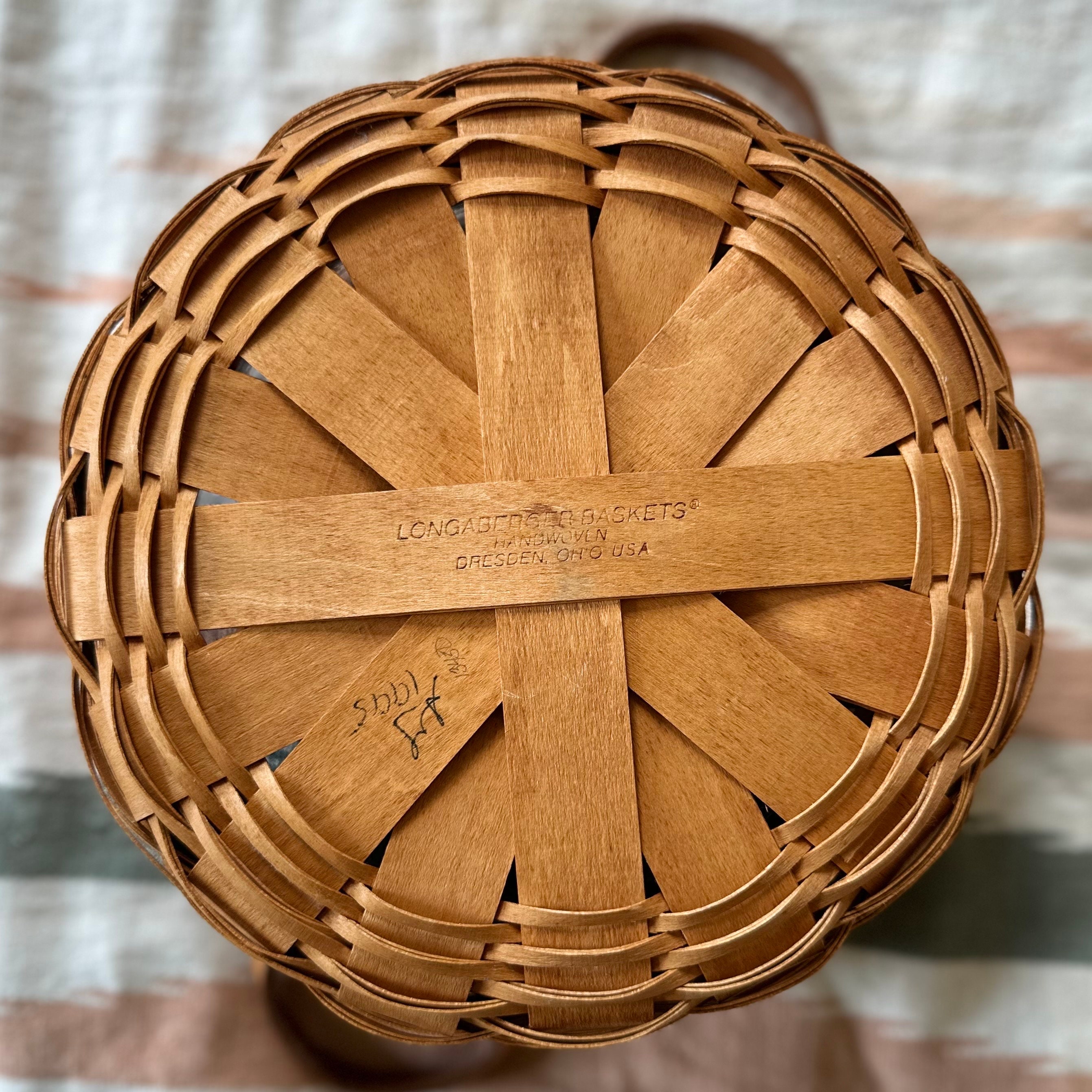 Longaberger 1995 Round Darning Basket With Leather Handles and Plastic ...