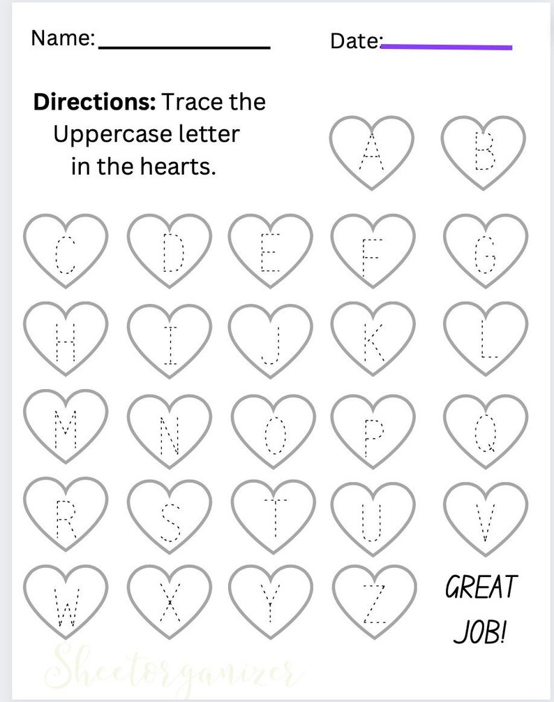 Valentines Day Uppercase Tracing Worksheet - Etsy