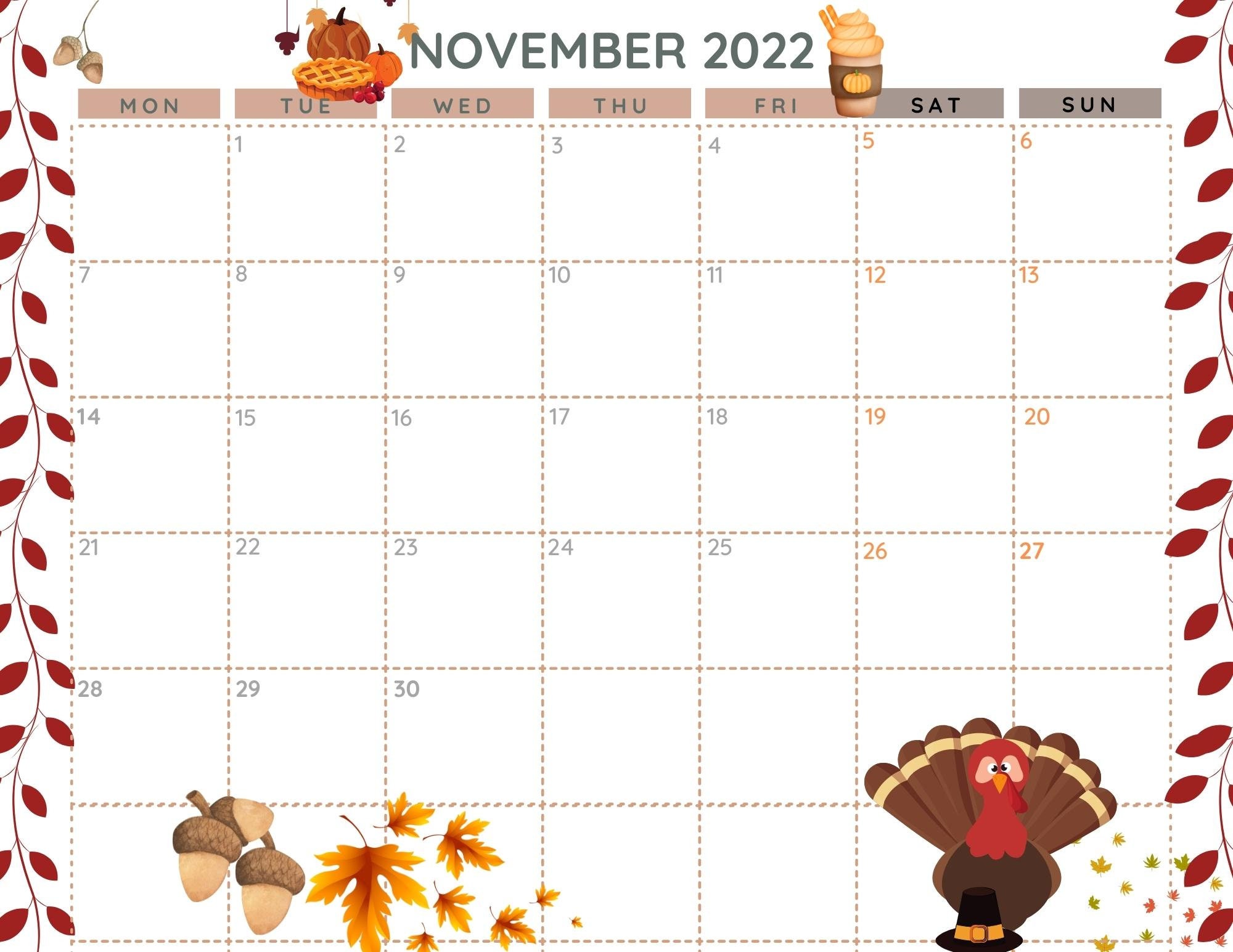 November Calendar 2022 Thanksgiving