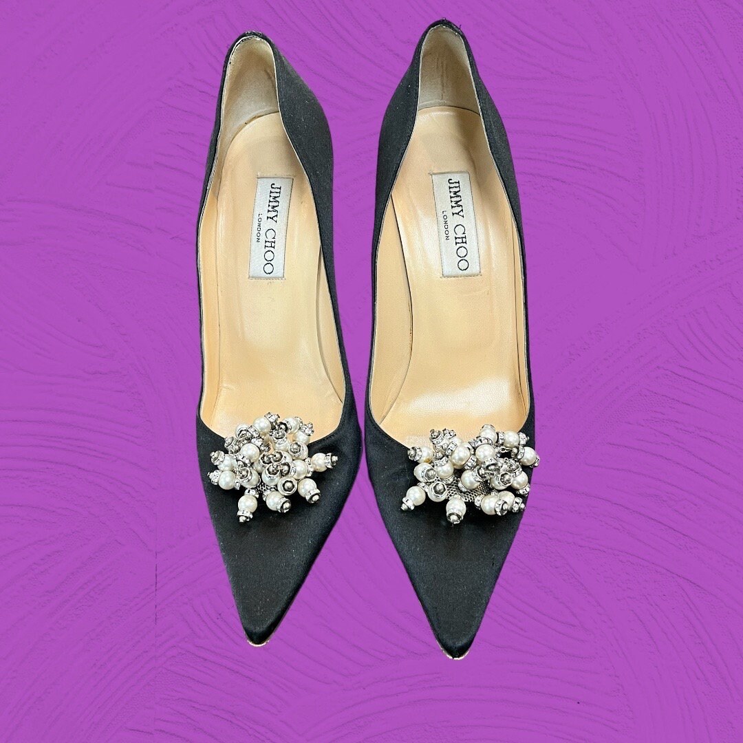 Jimmy Choo Black Satin With Faux Pearl & Rhinestone Toe Bling- Size 38 ...