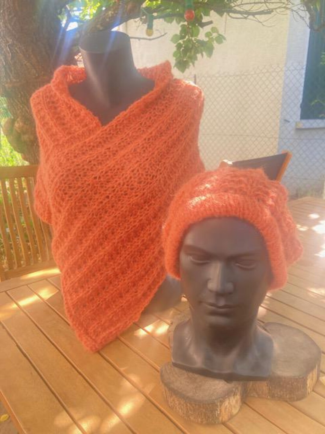 Soft Alpaca Hat and Poncho Hand Knitted in Rust-colored English Rib ...