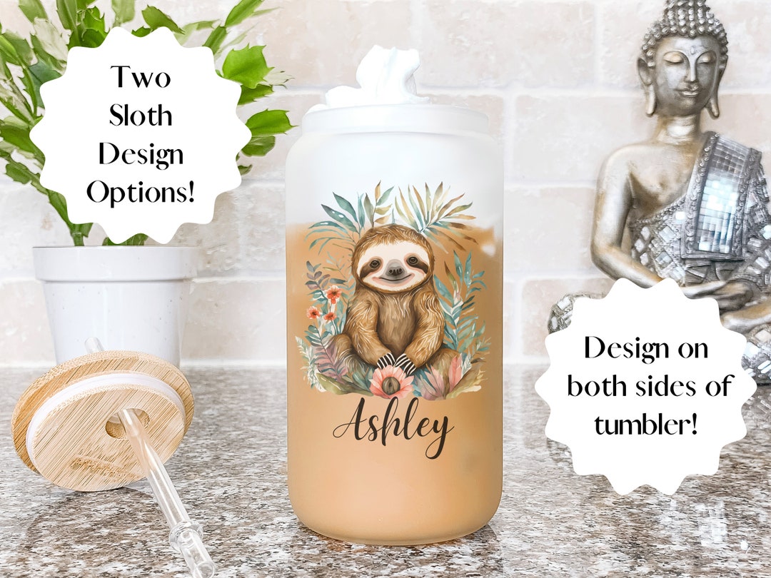 Personalized Sloth Glass Cup, Custom Sloth Frosted Glass Cup Tumbler ...