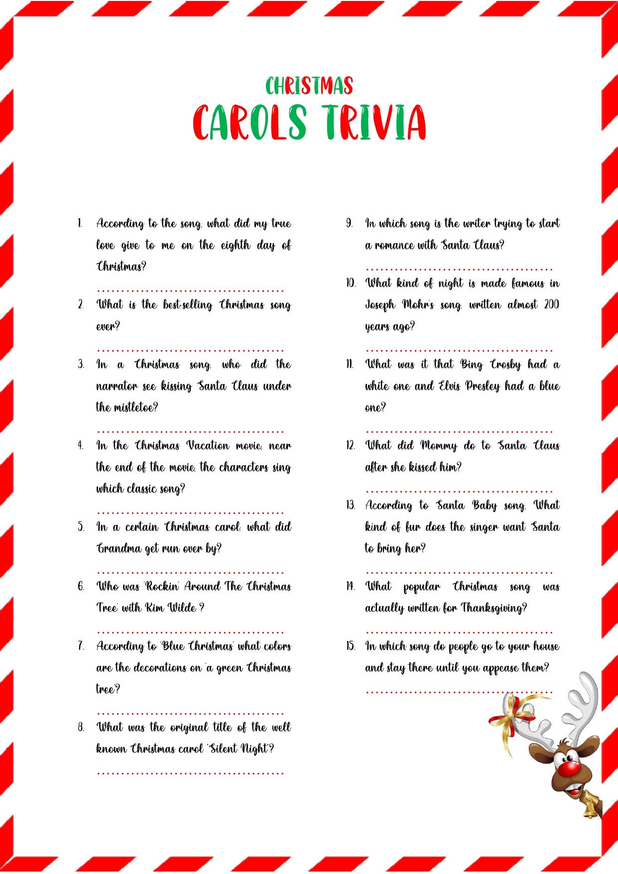 CHRISTMAS CAROLS TRIVIA, Christmas Party Game (with Answer Key) - Etsy