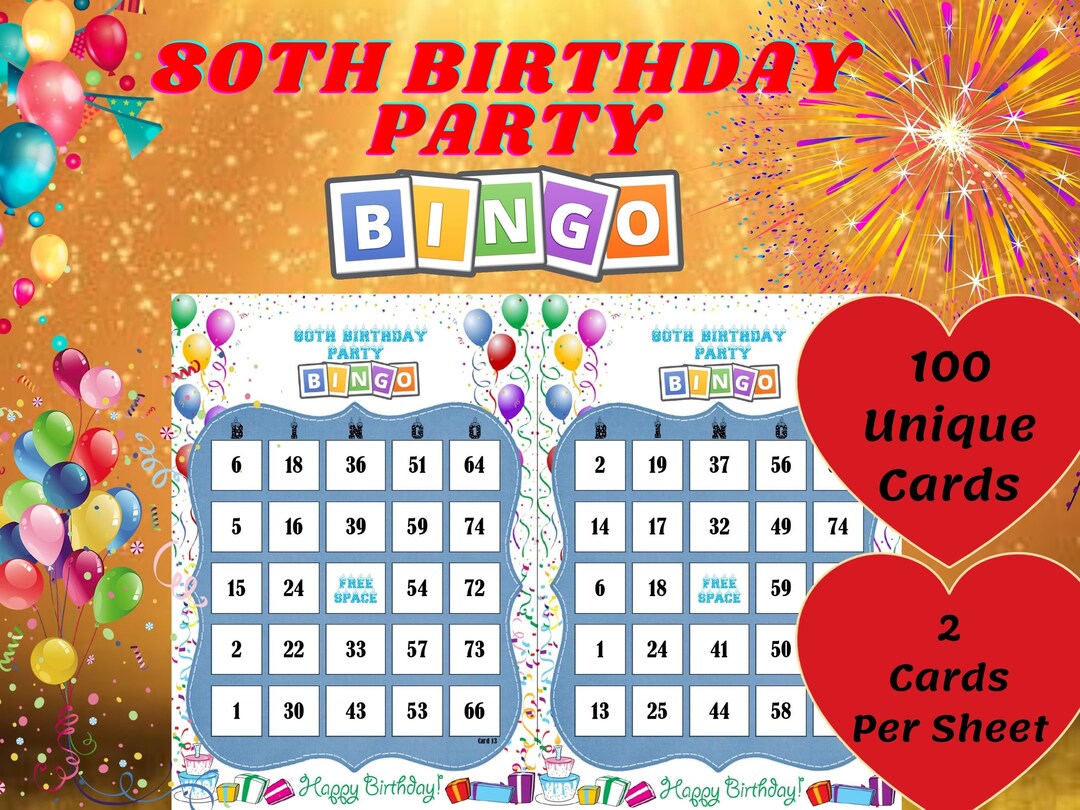 80th BIRTHDAY PARTY BINGO Cards With Numbers 80th Birthday - Etsy UK