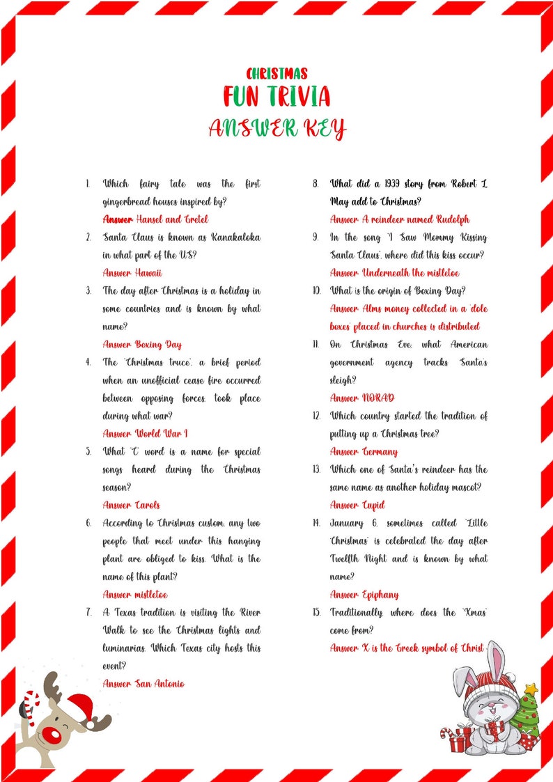 CHRISTMAS FUN TRIVIA, Christmas Party Game (with Answer Key) - Etsy