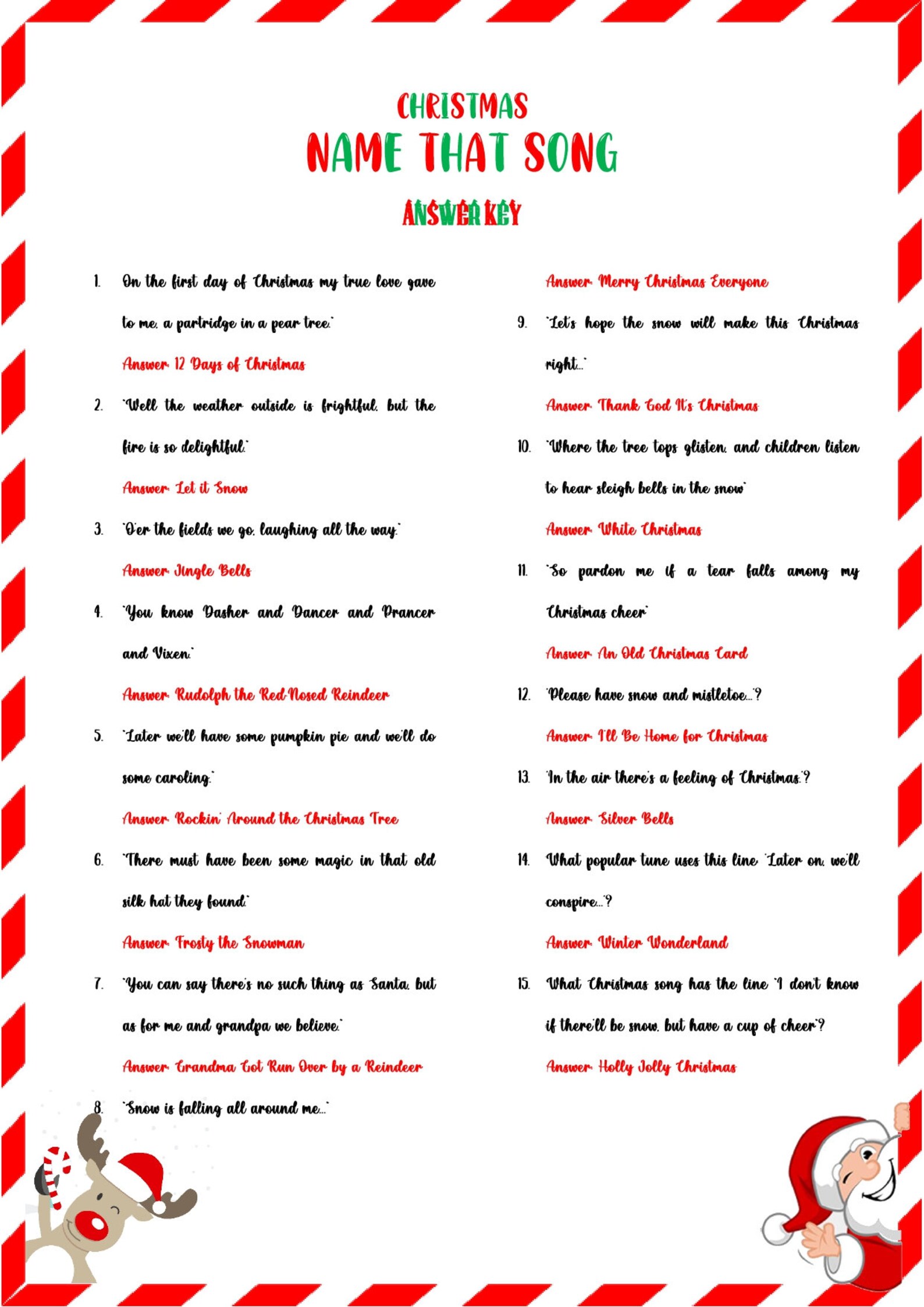 Christmas NAME THAT SONG, Christmas Party Game (with Answer Key) - Etsy