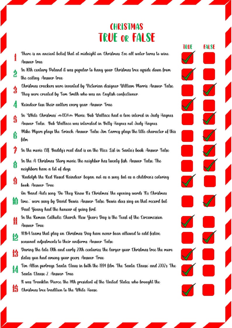Christmas True or False Game: Party Trivia (with Answer Key) - Etsy