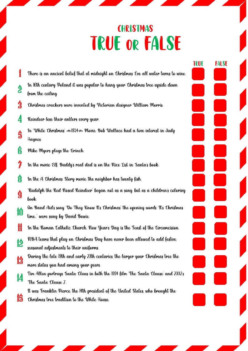 Christmas True or False Game: Party Trivia (with Answer Key) - Etsy