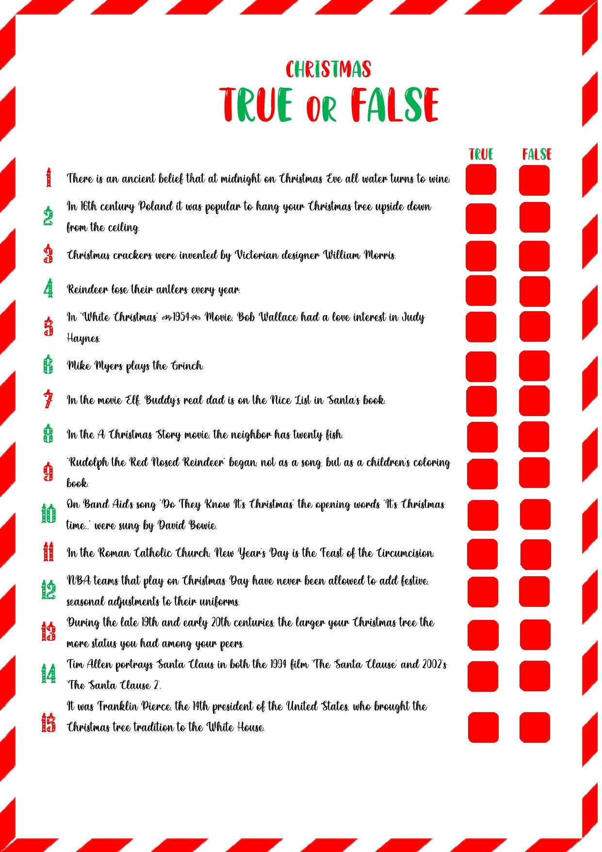 Christmas True or False Game: Party Trivia (with Answer Key) - Etsy
