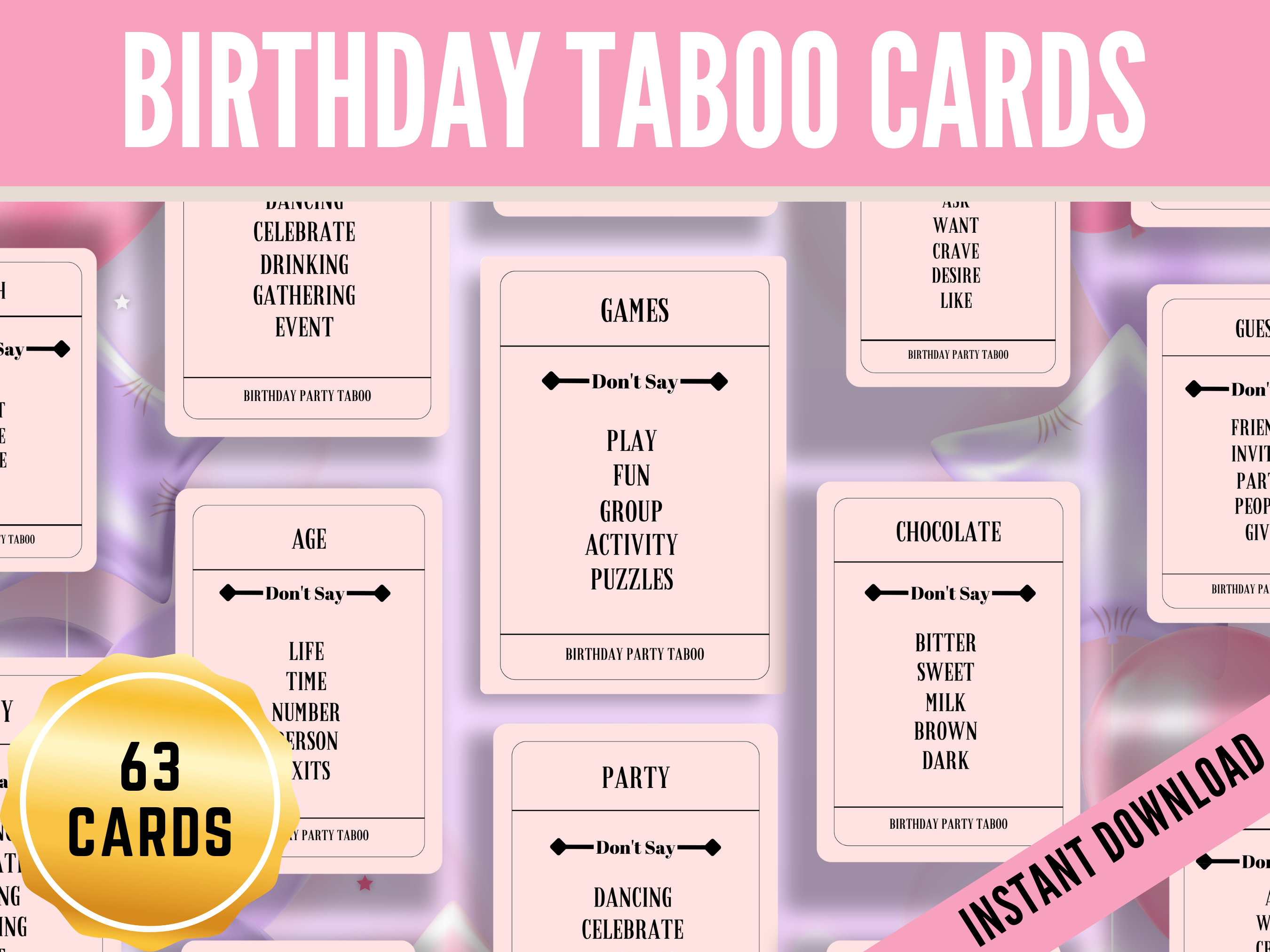Birthday Party TABOO CARDS (63 Cards) - Etsy Finland