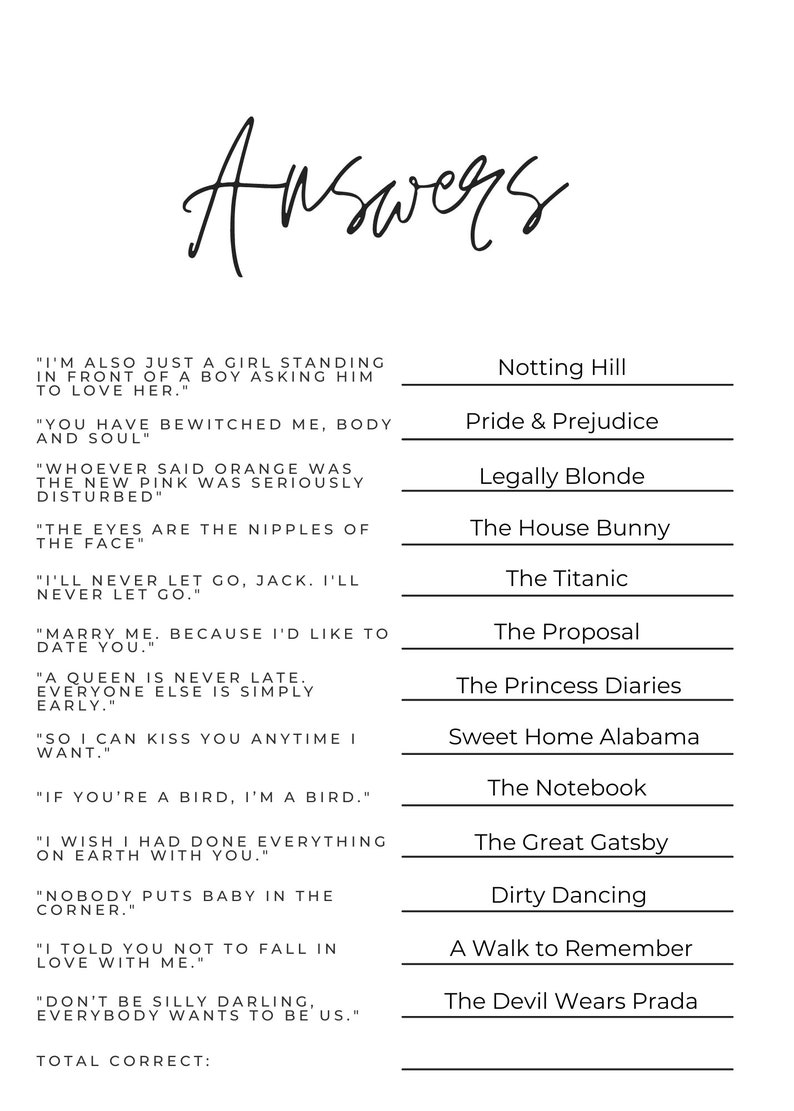 Chick Flick Game Rom Com Guessing Game Modern Bridal Shower Game ...