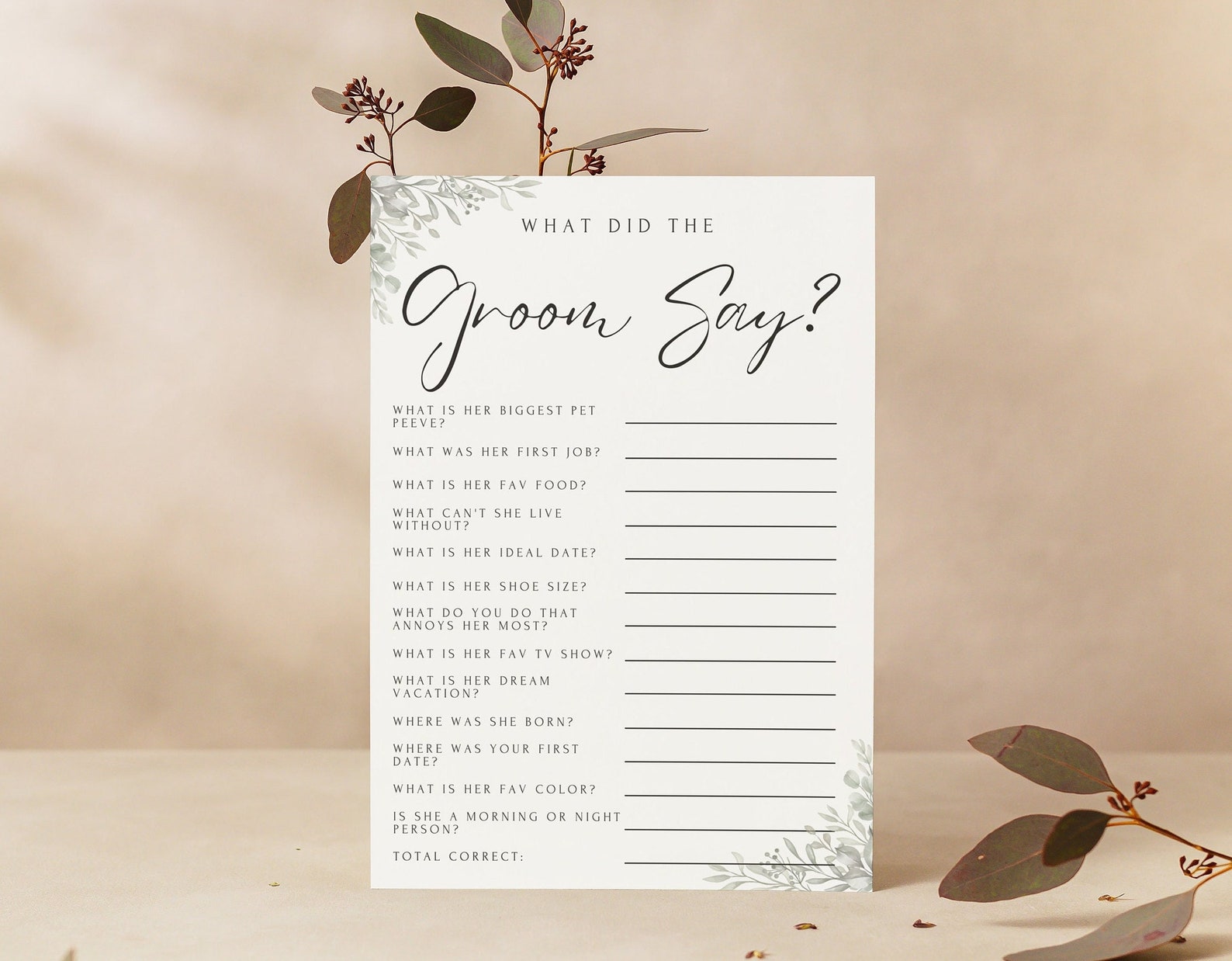 What Did the Groom Say Game Greenery Minimalist Bridal Shower Game ...